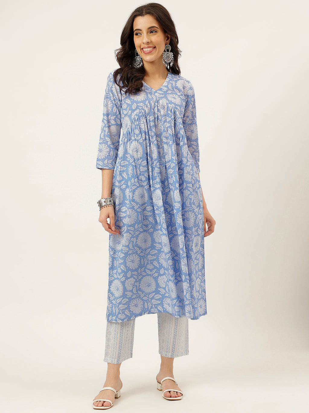 Sky Blue Printed Alia Cut Cotton Kurta Set - SPARSA
