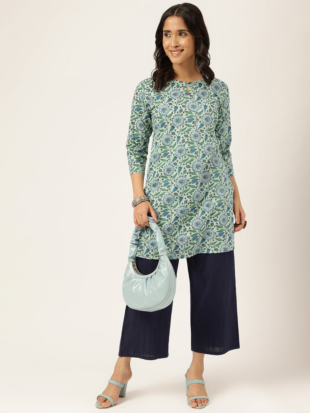 Off-Green Printed Round Keyhole Neck Short Cotton Kurti - SPARSA